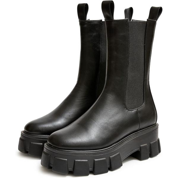 商品名LIMON BERRY Women's Black Calf High Slip On Cleated Chunky Sole Platform Chelsea Fashion Ankle Boots (RO18) 10ブランド：LI...