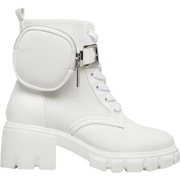 商品名JustFab Tanzi Lug Sole Booties for Women - White Chunky Heeled Combat Boots, Faux Leather Platform Boots, White Boots...