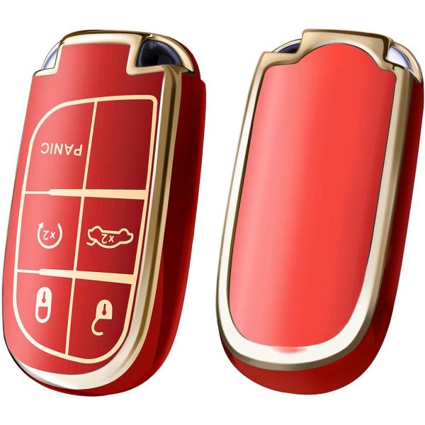 商品名ELOHEI キーフォブカバーケース ジープ ドッジ チャージャー チャレンジャー ダート グランドチェロキー ラングラー コンパス チェロキー レネゲード パトリオット グランドコマンダー用 5ボタンプロテクター(ゴールドエッジレッ...