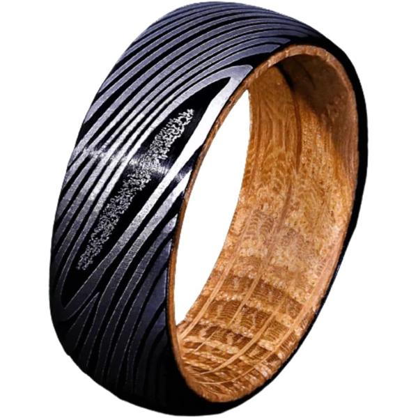 商品名Tungsten Carbide Wedding Band Ring for Men and Women Argolla de Matrimonio 8mm Black Damascus Steel with Whiskey Barr...