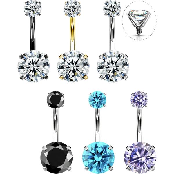 商品名OUFER ベリーリング 6個 316L サージカルスチール ベリーボタン リング クリア キュービックジルコニア ベリーピアシング ジュエリー 内部にネジ付き へそリング レディース メンズ, 金属, キュービックジルコニアOUFE...