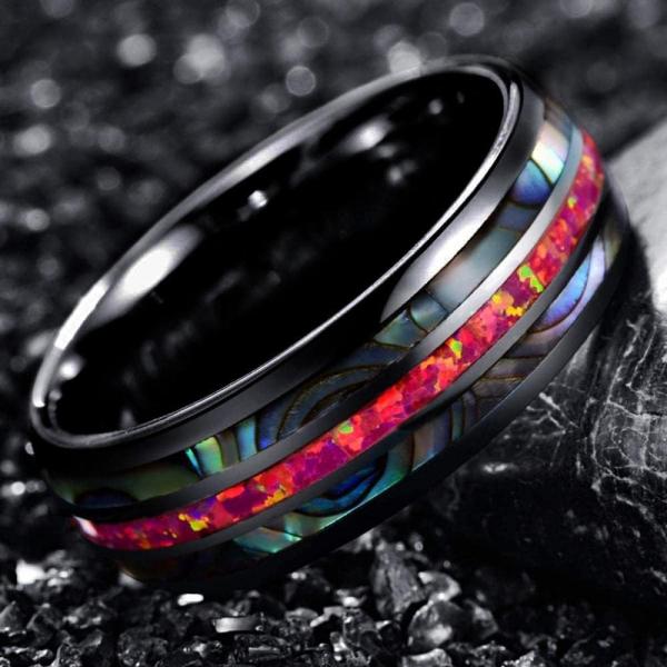 商品名Black 8Mm Stainless Steel Fill Red Fire Imitation Opal Rainbow Abalone Shell Inlay Ring Best Gifts For Men Wedding Ba...
