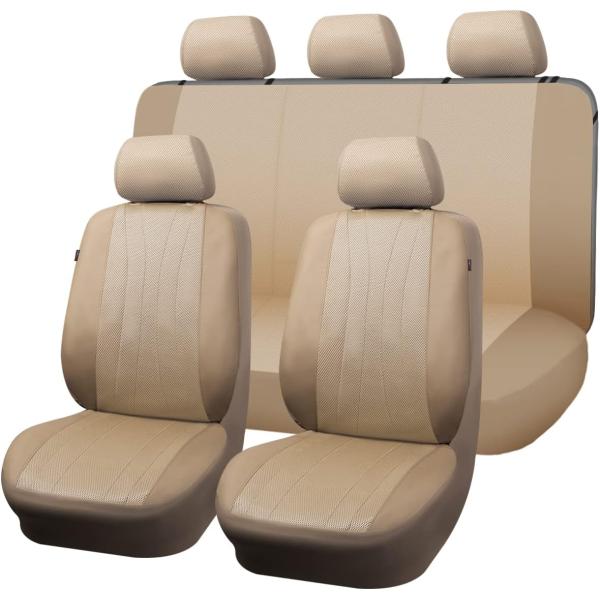商品名Flying Banner カーシートカバーセット エアメッシュ 通気性 ファッション 簡単ベンチ スプリットプロテクター スポーツファッション (ベージュ&amp;ベージュ、フルセット - ローバック)Flying Banner c...