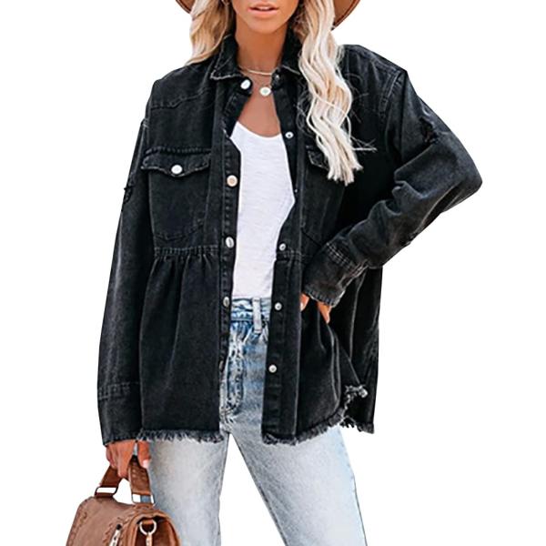 商品名:  YUZIBAO Women's Oversized Denim Jacket Distressed Frayed Button Up Jean Jacket Shacket Coat(Black,XL)ブランド: YUZIBAO...