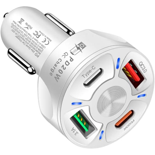 商品名車用充電器アダプター 4ポート USB 高速カーチャージャー QC3.0/PD20W/Type-c/2.1A スマートシャントカーフォンチャージャー iPhone 14 13 12 Pro Max/すべてのスマートフォンに対応 (ホワ...