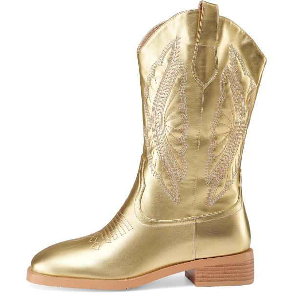 商品名Z.Oufeier Women's Fashion Embroidered Mid Calf Square Toe Western Cowboy Boots Sparkly Gold Leather Wide Calf Low Blo...