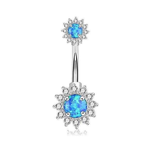 商品名OUFER 14G ベリーボタンリング ダブルラウンド キュービックジルコン フィリグリー オパール ベリーリング 316L サージカルスチール へそリング ベリーピアス ジュエリー 男女兼用, 金属, キュービックジルコニアOUFE...