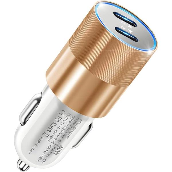 商品名USB C 40W 車用高速充電器、デュアルPD 20W ポート車両高速充電器、アルミメタルボディ自動高速充電アダプタ、電話用車内アクセサリー(ホワイト/ゴールド)USB C 40W Car Fast Charger, Dual PD...