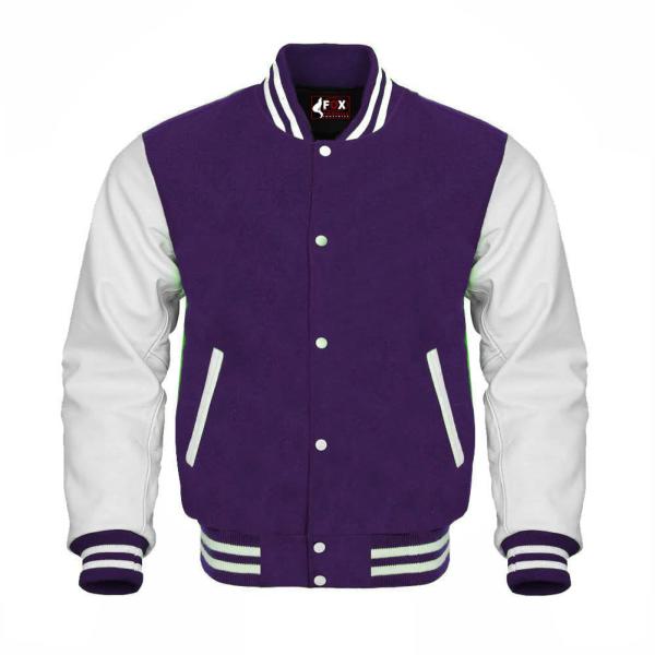商品名:  Varsity Letterman Baseball School Team Bomber Jackets Genuine Leather Sleeves &amp; Multi Wool Colors (Purple Whit...