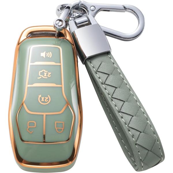 商品名CHEZENHUI フォードキーフォブカバー レザーストラップ付き カーキーケース シェル保護 フォード 2017 Fusion F250 F350 F450 Edge Explore Smart リモートコントロール用 グリーンCH...