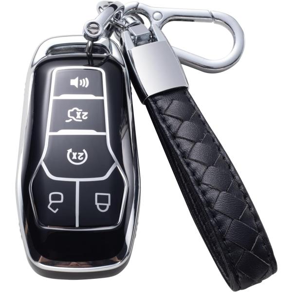 商品名CHEZENHUI フォードキーフォブカバー レザーストラップ付き 車のキーケース シェル保護 フォード 2017 Fusion F250 F350 F450 Edge Explore Smart リモコン用 ブラックCHEZENHU...