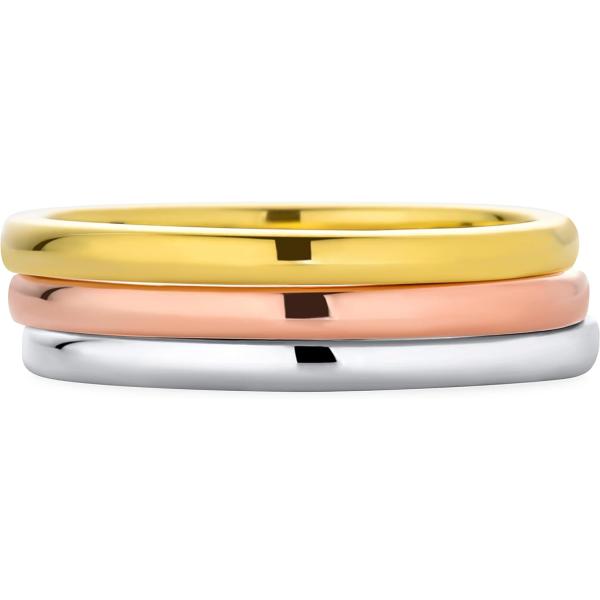 商品名[Bling Jewelry] 三色シンプルなスタッキングカップルは、女性の男性の14Kイエローローローズゴールドメッキ.925スターリングシルバーのために設定された3つのトリプルウェディングバンドリングを磨いたがTri Color ...