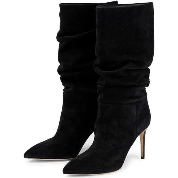 商品名Goolita Women's Suede Pointed Toe Mid Calf Boots Stiletto High Heel Slip on Slouchy Boots Pleated Comfortable Dress B...