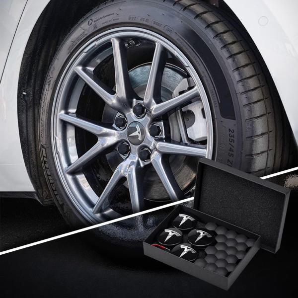 商品名車のホイールセンターキャップキット Tesla Model 3 X S Y ハブキャップと20ラグナットカバーキット オリジナルリム装飾 外装アクセサリー (ブラック&amp;シルバー)Car Wheel Center Cap Kit...