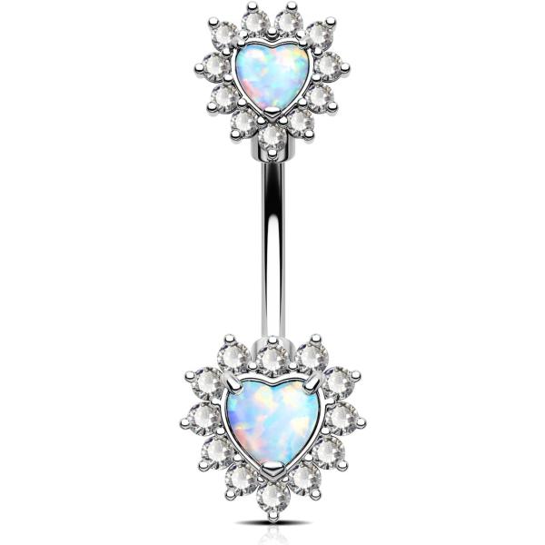 商品名OUFER 14G ベリーボタンリング 316L サージカルスチール ベリーリング ダブルハート キュービックジルコニア フィリグリー オパール へそリング ベリーピアス ジュエリー 男女兼用, 14G 10MM, 金属, キュービッ...