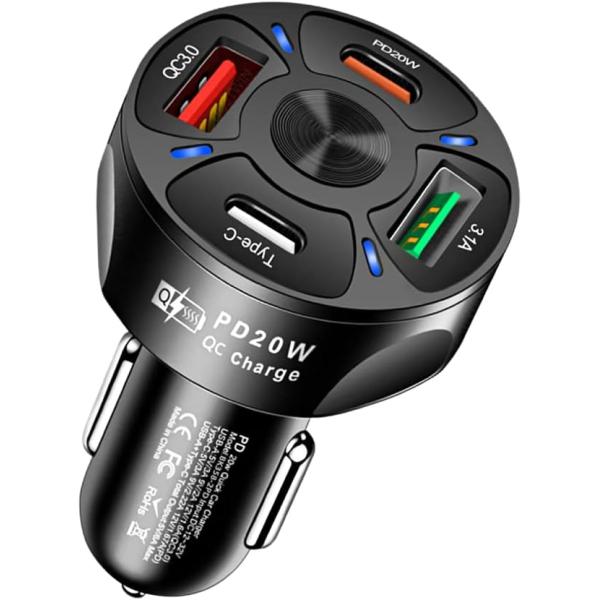 商品名65W 4 Ports Car Fast Charging Charger Cigarette Lighter Adapter,with QC 3.0 15W&amp;PD 20W&amp;Type C Car Phone Charg...