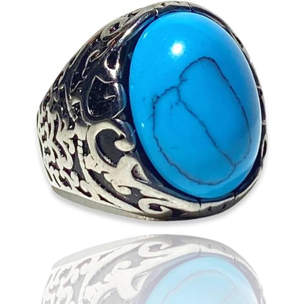 商品名Mens Round Oval Turkish Engraved Silver Marble Blue Feroza Stone Dainty Stainless Steel Gold Ring, Anillos De Hombre,...