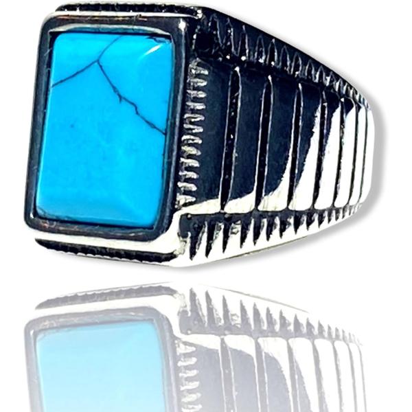 商品名Mens Round Rectangle Square Opal Turquoise Feroza Blue Stone Carved Signet Punk Ring Stainless Steel Ring, Anillos De...