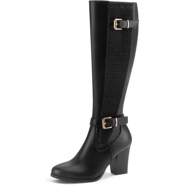 商品名DCMBLY Knee High Boots Women Chunky Heel Almoud Toes Full Side Zipper Boots with Super Elasticity Embroidering Shrink...