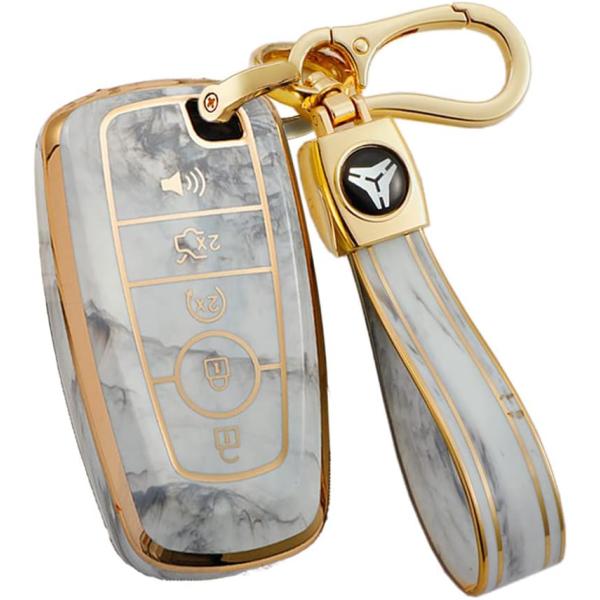 商品名ontto 5ボタン キーフォブカバー フォード エッジ エクスプローラー フュージョン マスタング F150 F250 F-350 F-450用 スタイリッシュな大理石 テクスチャ キーケース ソフト TPU キーシェル グレーon...