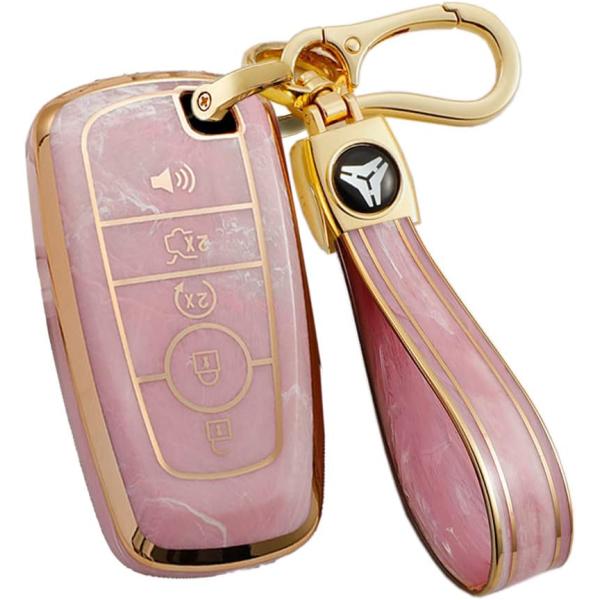 商品名ontto 5ボタン キーフォブカバー フォード エッジ エクスプローラー フュージョン マスタング F150 F250 F-350 F-450用 スタイリッシュな大理石 テクスチャ キーケース ソフト TPU キーシェル ピンクon...