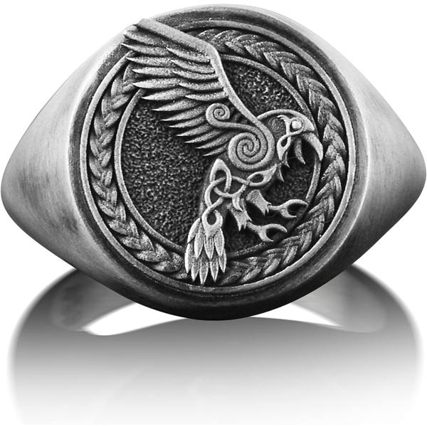 商品名BySilverStone Jewelry シルバーリング メンズ バイキング カラス 予言の鳥 リング 彫刻 ピンキーシグネットリング いぶし銀 北欧神話リング 家族用 ファンタジーリング スターリングシルバー 宝石なし, シルバー...
