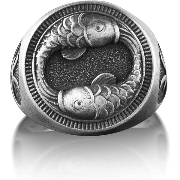 商品名BySilverStone Jewelry Silver Ring Men - Pisces Mens Silver Pinky Signet Ring, Oxidized Zodiac Signet Ring in Sterling...