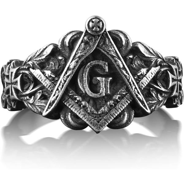 商品名BySilverStone Jewelry Silver Ring Men - Freemason Symbol Mens Ring in Silver, Masonic Ring with Floral and Cross Moti...