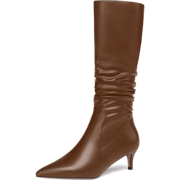 商品名WAYDERNS Women's Pointed Toe Zip Solid Dating Matte Fashion Kitten Low Heel 2 Inch Mid Calf Boots Brown Size 8 - Zapa...