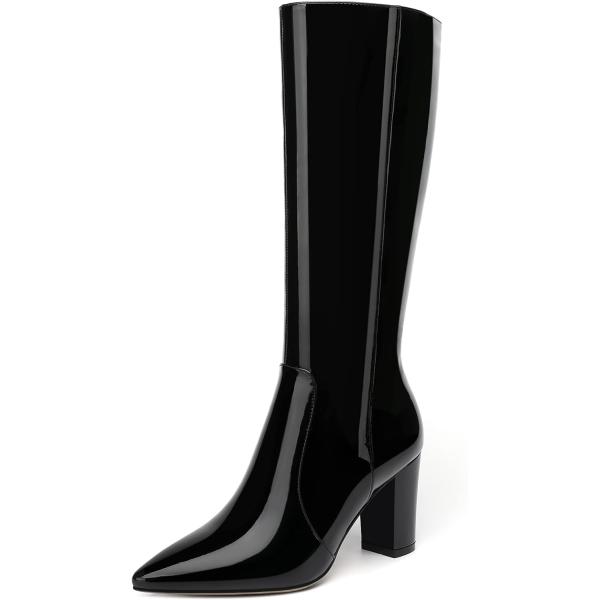 商品名AMBELIGHT Women's Zip Patent Solid Fashion Pointed Toe Dating Knee High High Heel 3.3 Inch Chunky Boots Black Size 10...