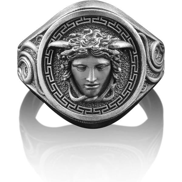 商品名ギリシャメデューサ 925シルバー ハンドメイド メンズリング メデューサ スターリングシルバー メンズ シグネットリング 神話 ゴルゴン メデューサ ボーホーリング 彼/彼女へのギフト スターリングシルバー 宝石なし, シルバー, ...