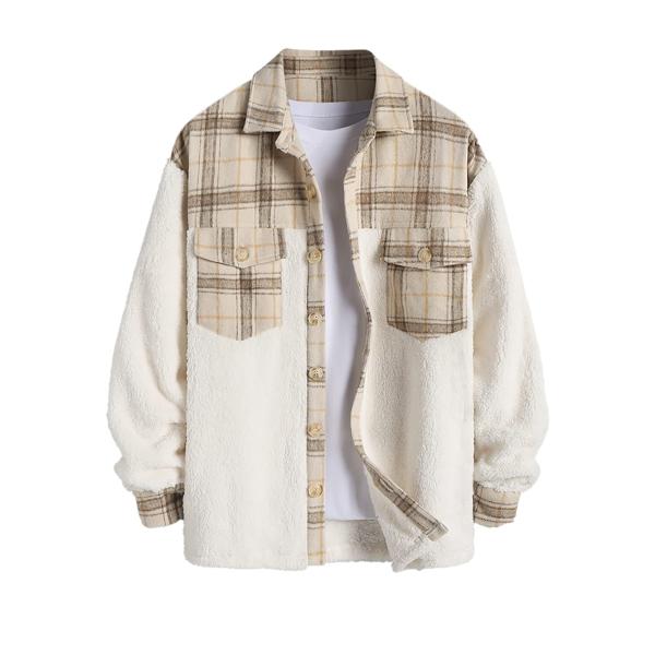 商品名:  ZAFUL Men Fluffy Plaid Winter Shirts Casual Spliced Front Pockets Button Down Long Sleeve Shirts Flannel Shacket J...