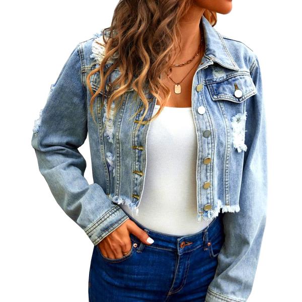商品名:  Ladyful Women's Distressed Jean Jacket Frayed Raw Hem Ripped Crop Denim Jacket Coatブランド: Ladyful商品サイズ: X-Large高さ: ...