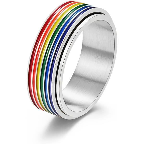 商品名SQKXKLCZ 8mm Silver Love Is Love Rainbow Fidget Ring For Men Spinner Anxiety Band Ring Stainless Steel Colorful Gay P...