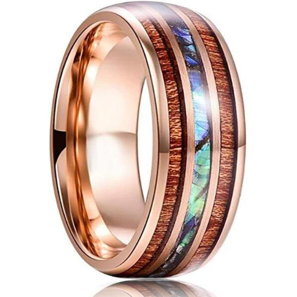 商品名Fashion 8Mm Rose Gold Color Stainless Steel Men's Rings Hawaiian Koa Wood And Abalone Shell Opal Inlay Ring Wedding B...