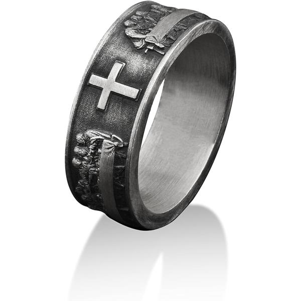 商品名BySilverStone Jewelry - Last Supper Cross Handmade Sterling Silver Men Band Ring, Cross Wedding Ring, Stackable Crist...
