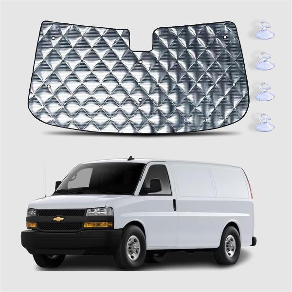 商品名Pigenius 4層フロントガラスサンシェード シボレーエクスプレス/GMCサバナ対応 折りたたみ式 厚さ4mm 反射アルミニウムフィルム 車のフロントウィンドウサンシェード 冷却と日焼け防止Pigenius 4 Layers Wi...