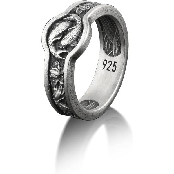商品名BySilverStone Jewelry Koi Fish and Lotus Mens Nature Ring, Animal and Botanical Ring in Sterling Silver, Floral Weddi...