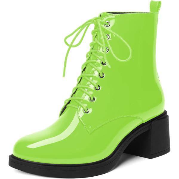 商品名SHOWFOREST Women's Low Heel Lace Up Ankle High Strappy Dating Block Furry Fashion Chunky Solid Patent 2.2 Inch Round ...