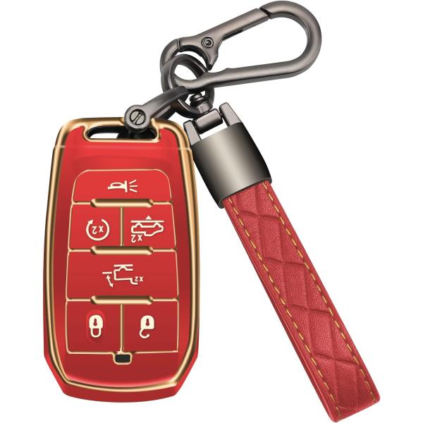 商品名COZLA (コーズラ) ダッジキーフォブカバー キーチェーン付き TPU カーキーケースホルダー 360度保護 2019-2023 Dodge RAM 1500 2500 6ボタンスマートキーに対応 (レッド)COZLA for D...
