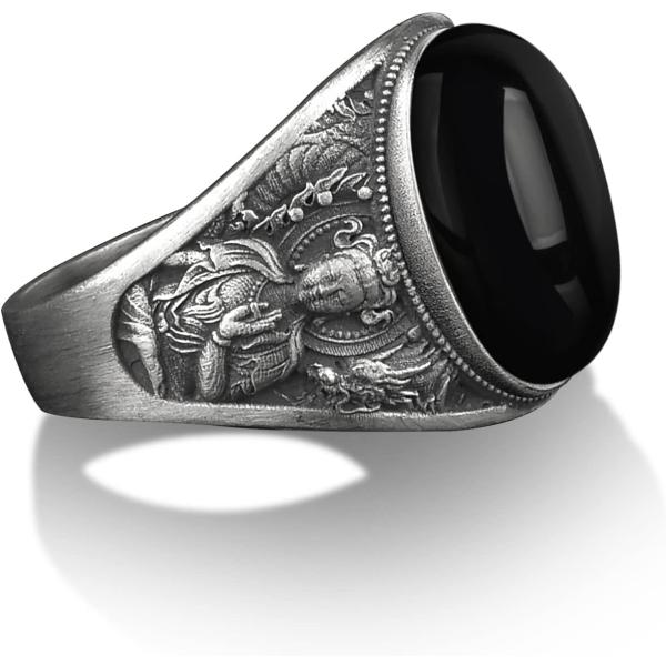 商品名BySilverStone Jewelry Abhayamudra ブッダ ブラックオニキス ジェムストーン シグネットリング スターリングシルバー メンズリング ヒンズー教ジュエリー ヨガ愛好家へのギフトに 女性用ピンキーリング ス...