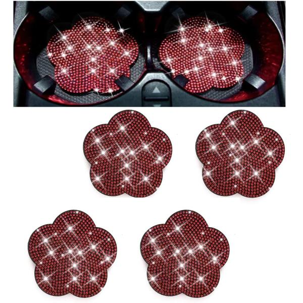 商品名Moioee キラキラカーカップホルダーコースター ラインストーンプラムブロッサム車両滑り止めカップホルダーインサートコースター クリスタル耐衝撃カップマット ダイヤモンドがいっぱい 女性/女の子向け (レッド)Moioee 4PCS...