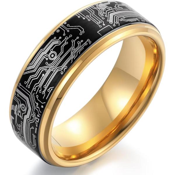商品名Adreamz タングステンリング 8mm コンピューター回路パターンリング ブラックゴールド タングステンカーバイド 結婚指輪 メンズ 快適フィット, 非貴金属, 宝石なしAdreamz Tungsten Ring 8mm Comp...