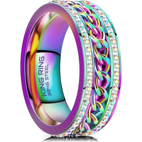 商品名King Ring 7mm スパークリングフィジェットリング   超輝くスピナーステンレススチールリング ガラスストーン付き フィジェットリング レディース メンズリング レディースリング Ver2, 非貴金属, 宝石なしKing R...