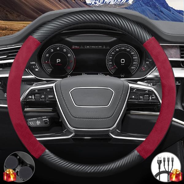 商品名NAPA レザー&amp;カーボンファイバーハンドルカバー   Cokacot ソフトノンスリップカーステアリングプロテクター コースター2枚&amp;USB高速充電ケーブル付き フォード対応 (レッド)Cokacot Steerin...