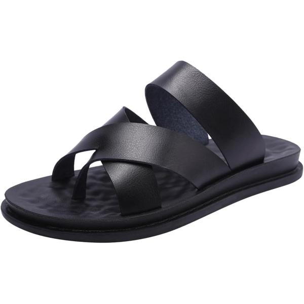 商品名Harssidanzar メンズ サンダル 夏 スリップオン クロスストラップ スライドサンダル つま先リングスタイル 屋外および屋内 KM221US, ブラック, 24Harssidanzar Leather Sandals Fli...