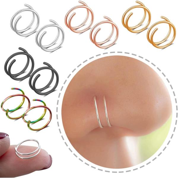 商品名ダブルフープ ノーズリング シングルピアス用 ノーズリング ツイストフープ ノーズピアス ジュエリー 鼻孔 レディース ガールズ メンズ 低刺激性パック 左側 簡単に曲げられる 8mmDouble Hoop Nose Ring for...