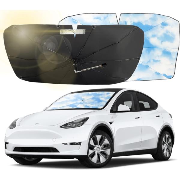 商品名アップグレード フロントガラス用サンシェード TeslaモデルY用 折りたたみ式 車用サンシェード 傘 360度回転シャフト 車用サンシェードカバー フロントガラス用 紫外線カット ほとんどの車に対応 (ブルースカイ)Upgraded...