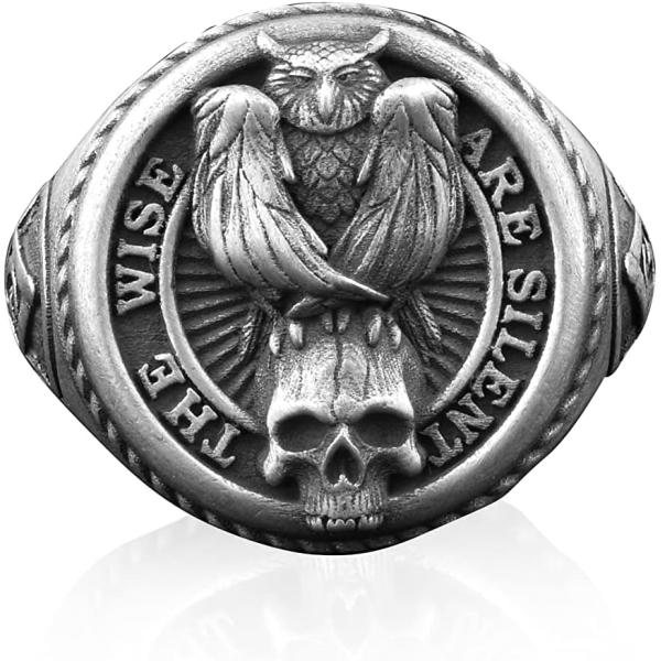 商品名BySilverStone Jewelry - フクロウ スカル メイソン スクエア コンパス シグネットリング メンズ フクロウ スカルリング ユニークなフリーメーソンリング スターリングシルバーシグネットリング ハンドメイドリング...
