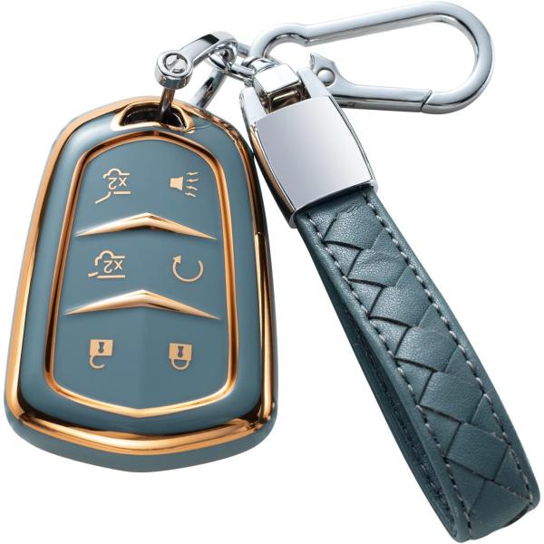 商品名CHEZENHUI キャデラック C6 ボタンキーフォブカバー、ブルーCHEZENHUI Compatible with Cadillac Key Fob Cover with Leather Lanyard, Car Key Cas...